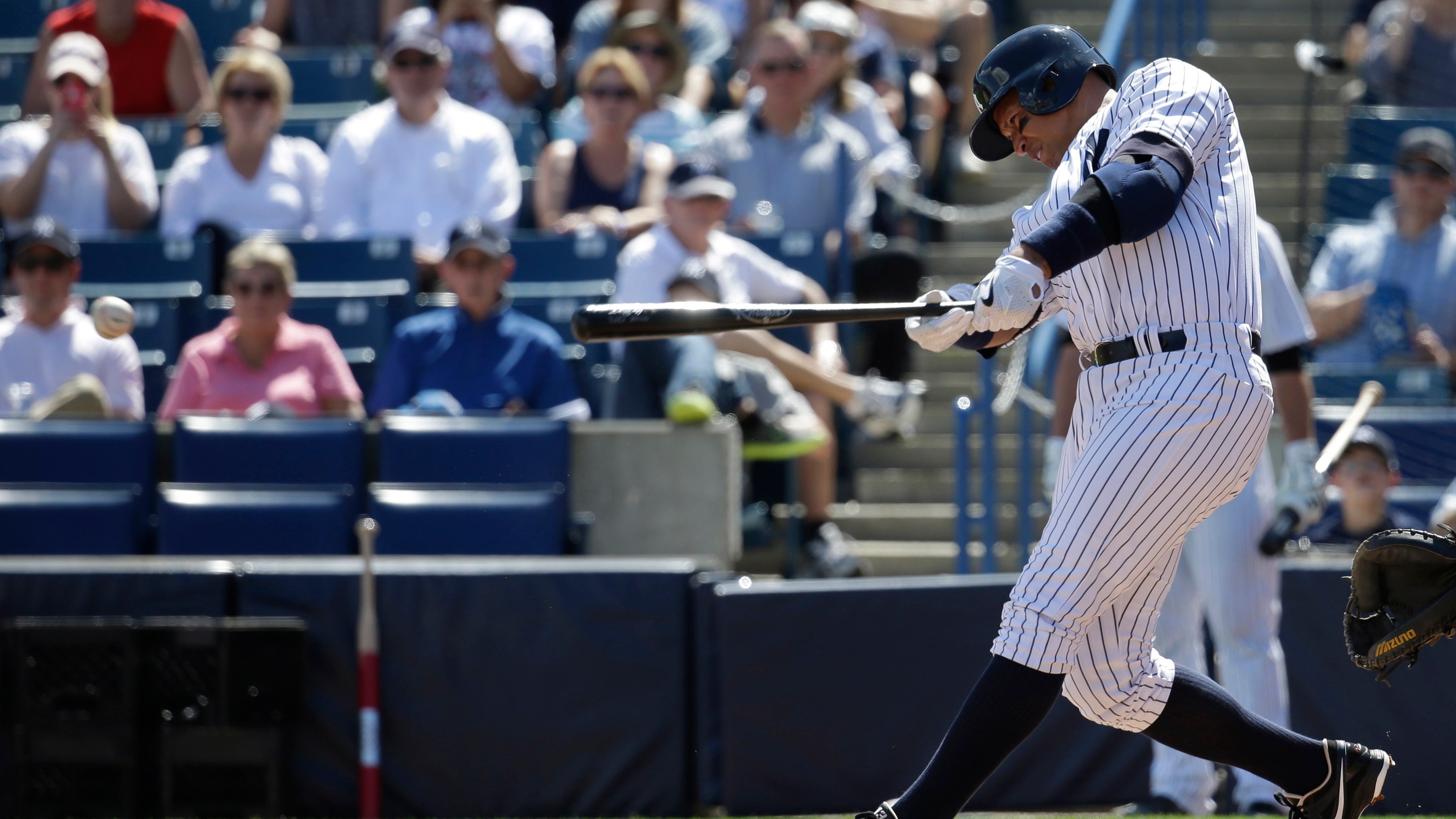 After yearlong suspension for PED use, Alex Rodriguez lines a base hit ...
