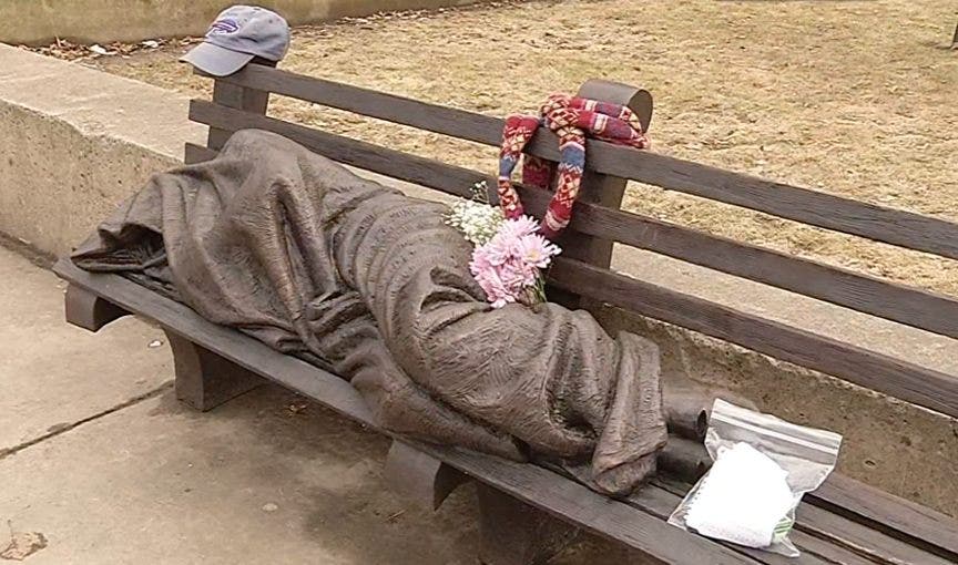 Doing his work: Gifts being left at homeless Jesus statue placed ...