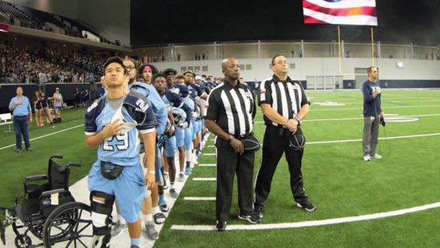 Injured teen football player stands for National Anthem | Fox News