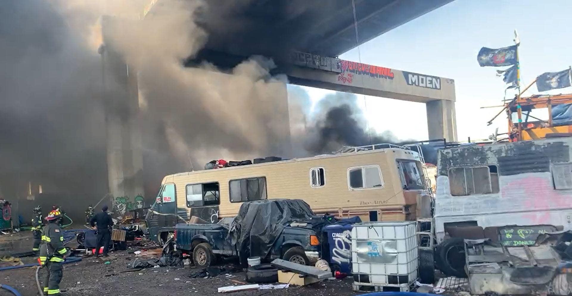 California firefighters respond to blaze at San Francisco homeless ...